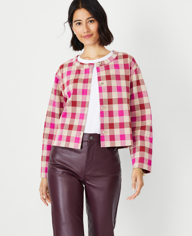 Petite Plaid Short Lightweight Knit Jacket