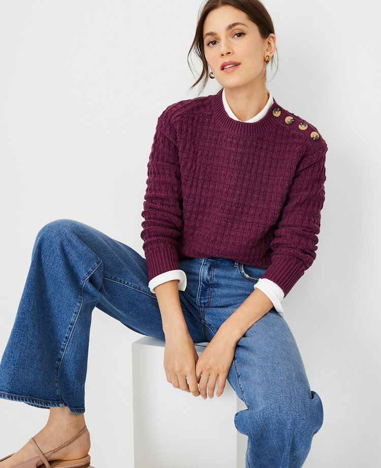 Petite Geo Stitch Shoulder Button Sweater