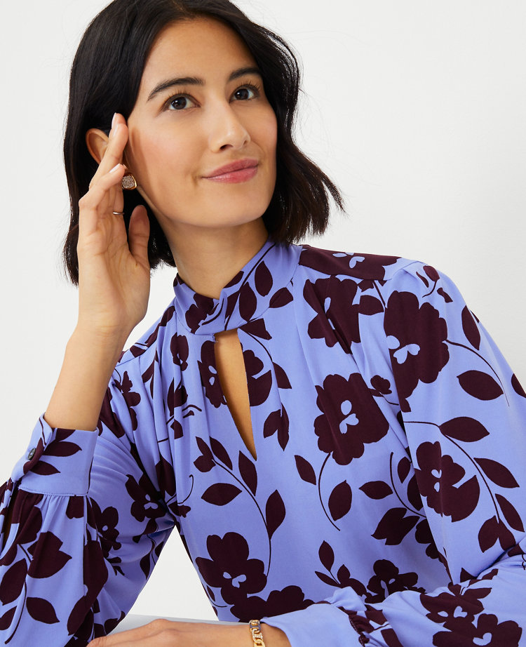 Floral Twist Mock Neck Pleat Front Top