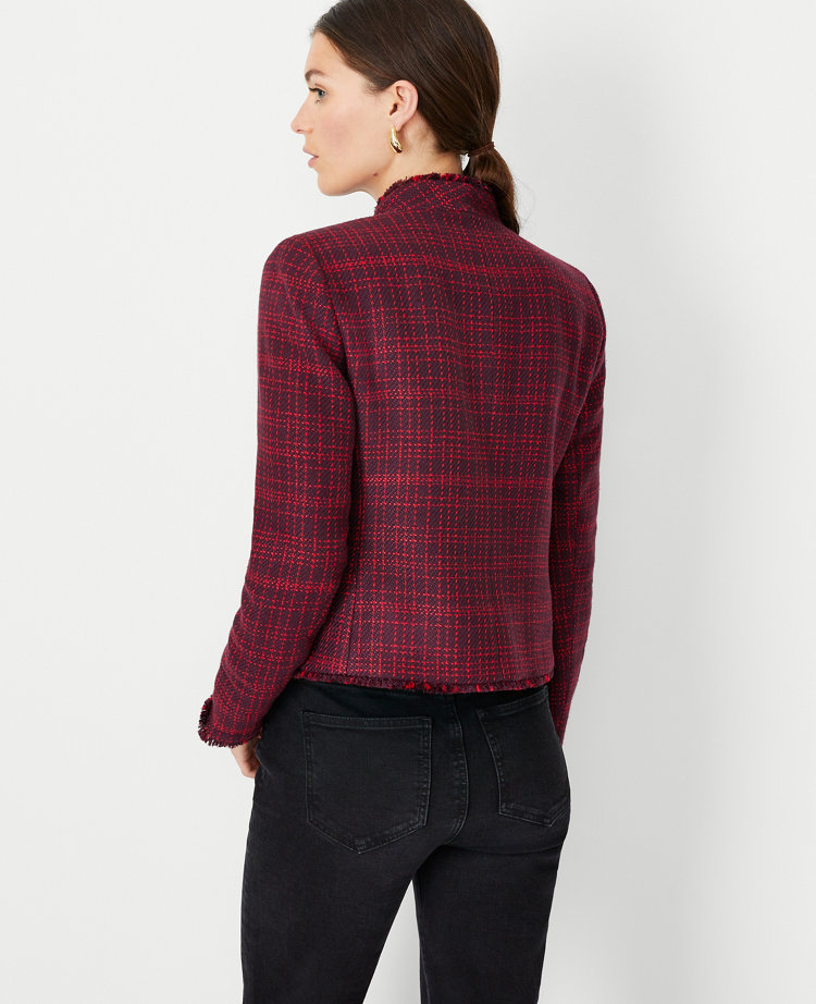 Petite Plaid Fringe Tweed Jacket