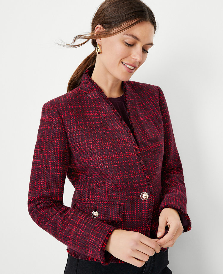 Petite Plaid Fringe Tweed Jacket