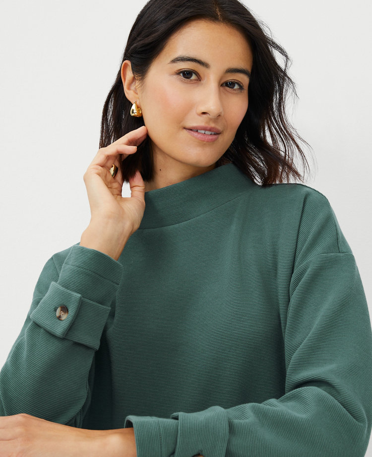 Petite Textured Button Tab Mock Neck Top