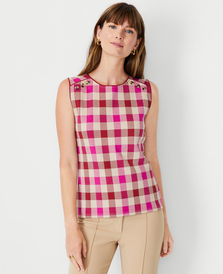 Plaid Shoulder Button Sleeveless Top