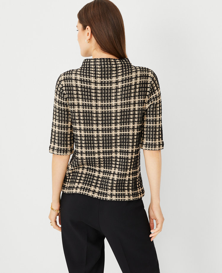 Petite Shimmer Plaid Mock Neck Sweater