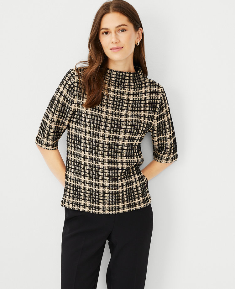 Petite Shimmer Plaid Mock Neck Sweater