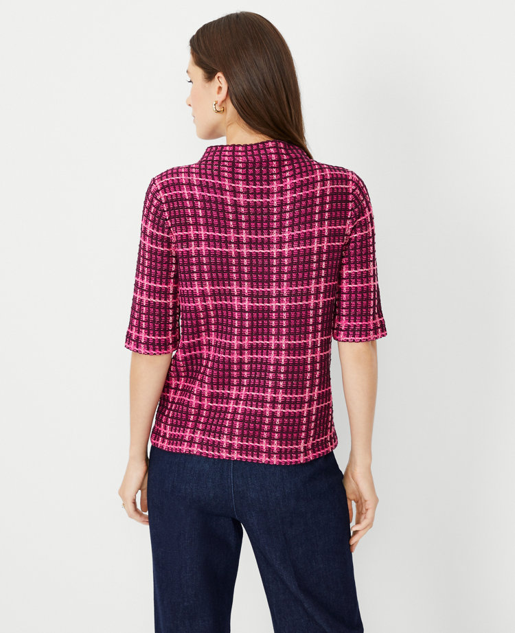 Petite Shimmer Plaid Mock Neck Sweater