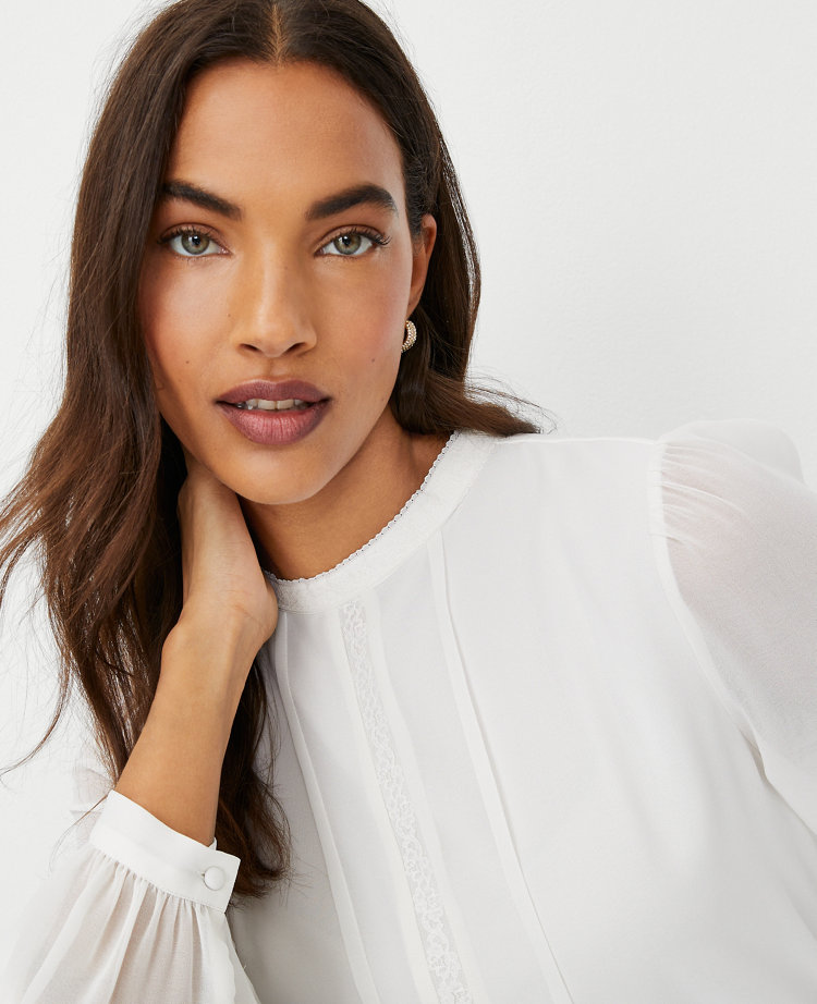 Lace Mixed Media Mock Neck Blouse