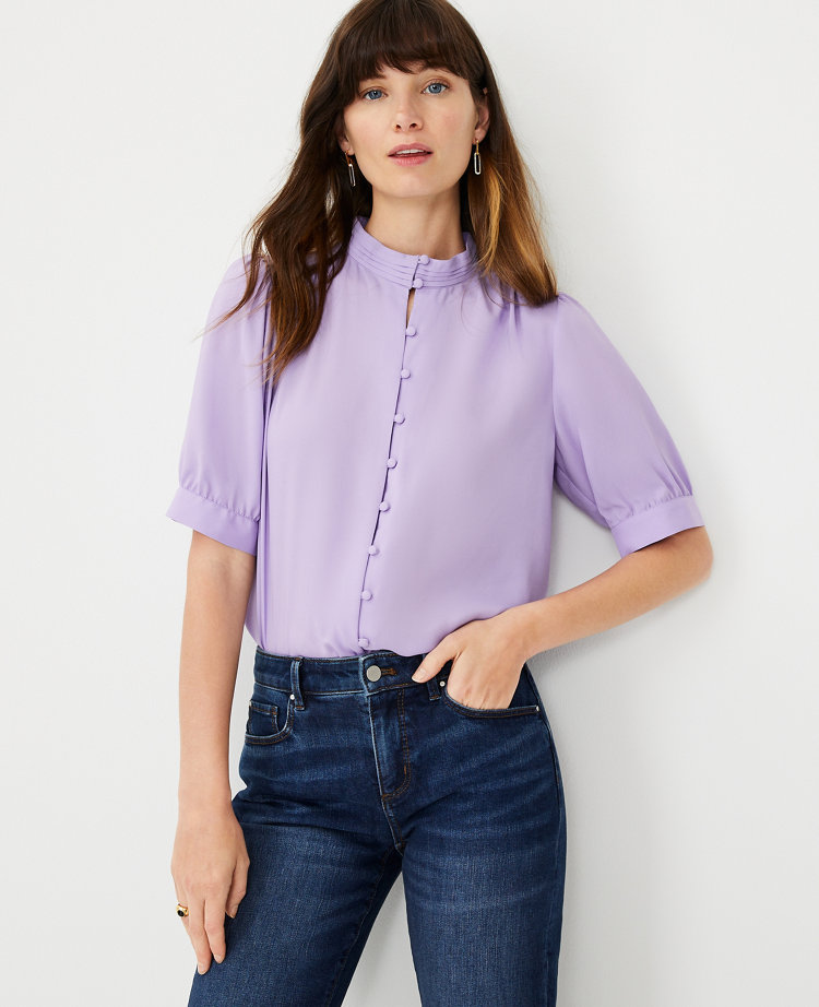 Pleated Mock Neck Button Top