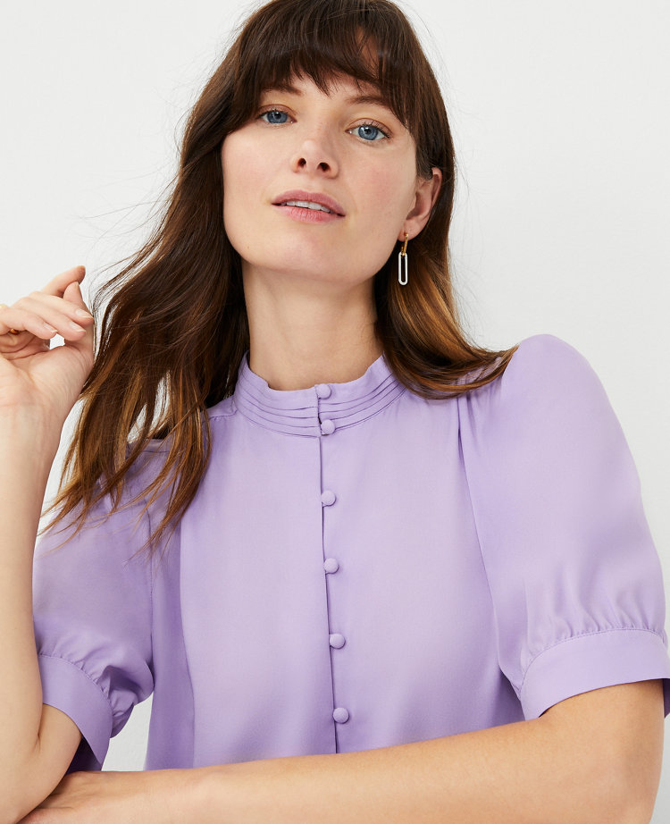 Pleated Mock Neck Button Top