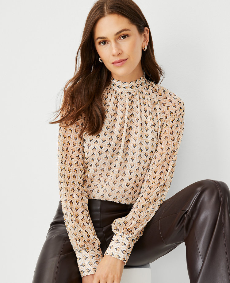Metallic Clip Mock Neck Shirred Popover