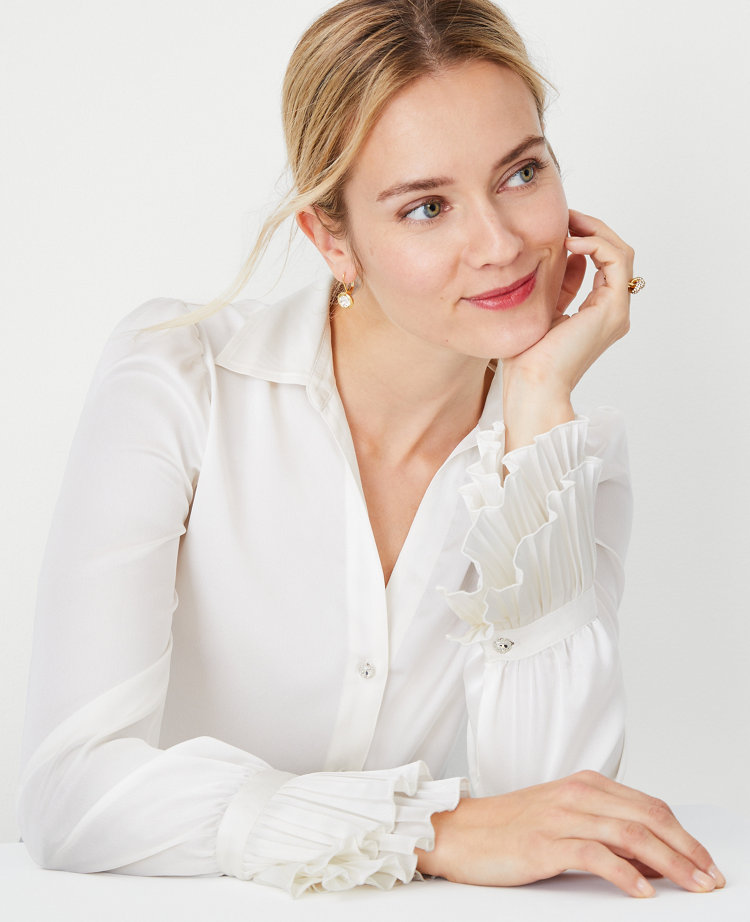 Crystal Button Pleated Cuff Shirt