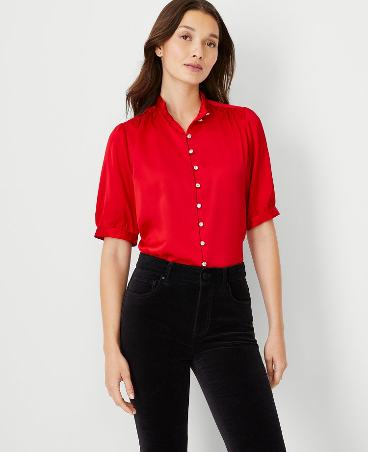 Crystal Button Pleated Mock Neck Top