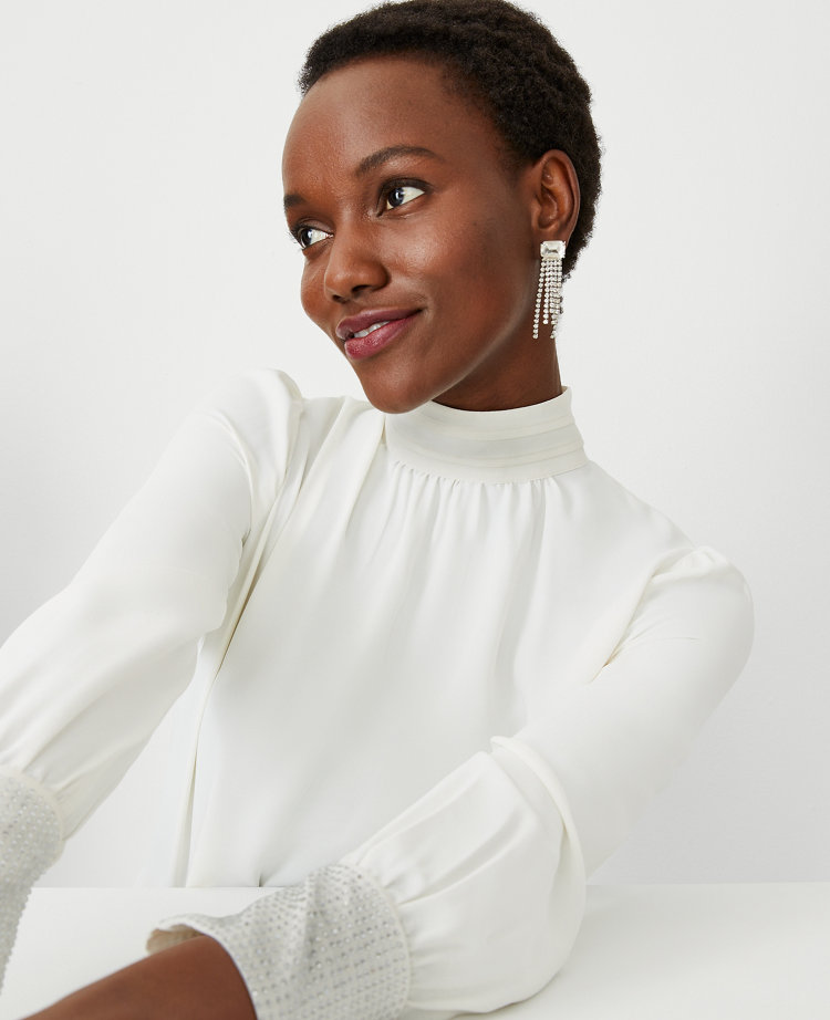 Crystal Cuff Pintucked Mock Neck Popover