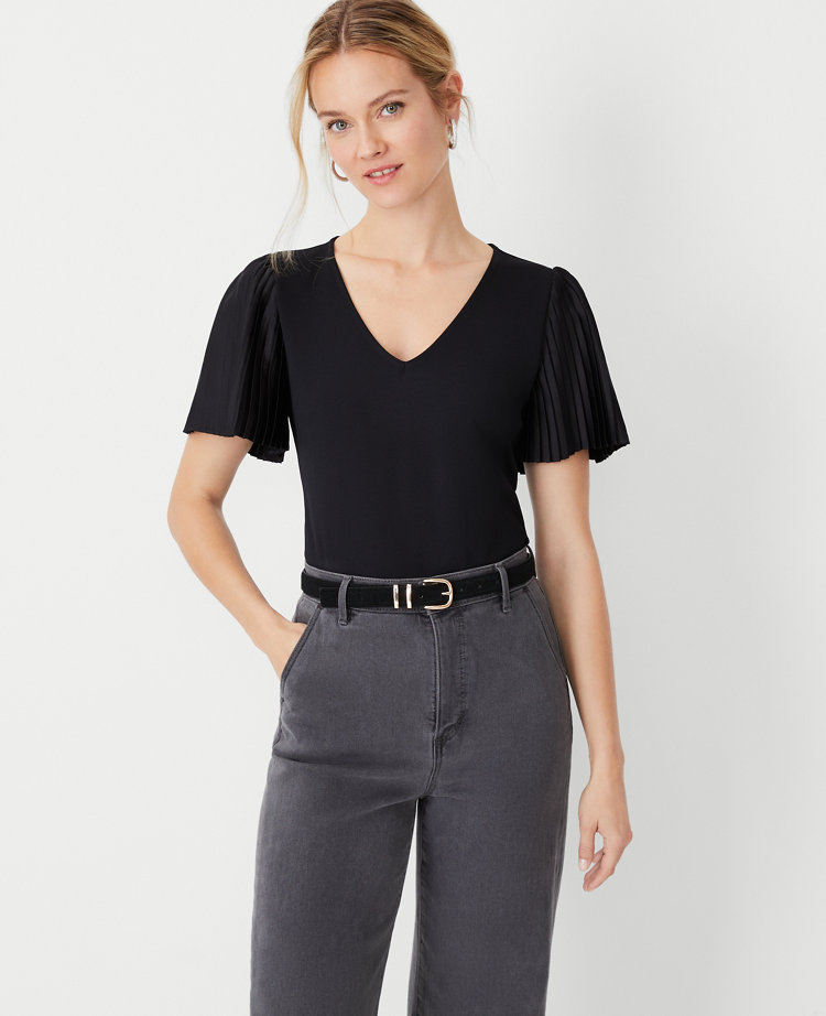 Shimmer Mixed Media Pleated Sleeve Top