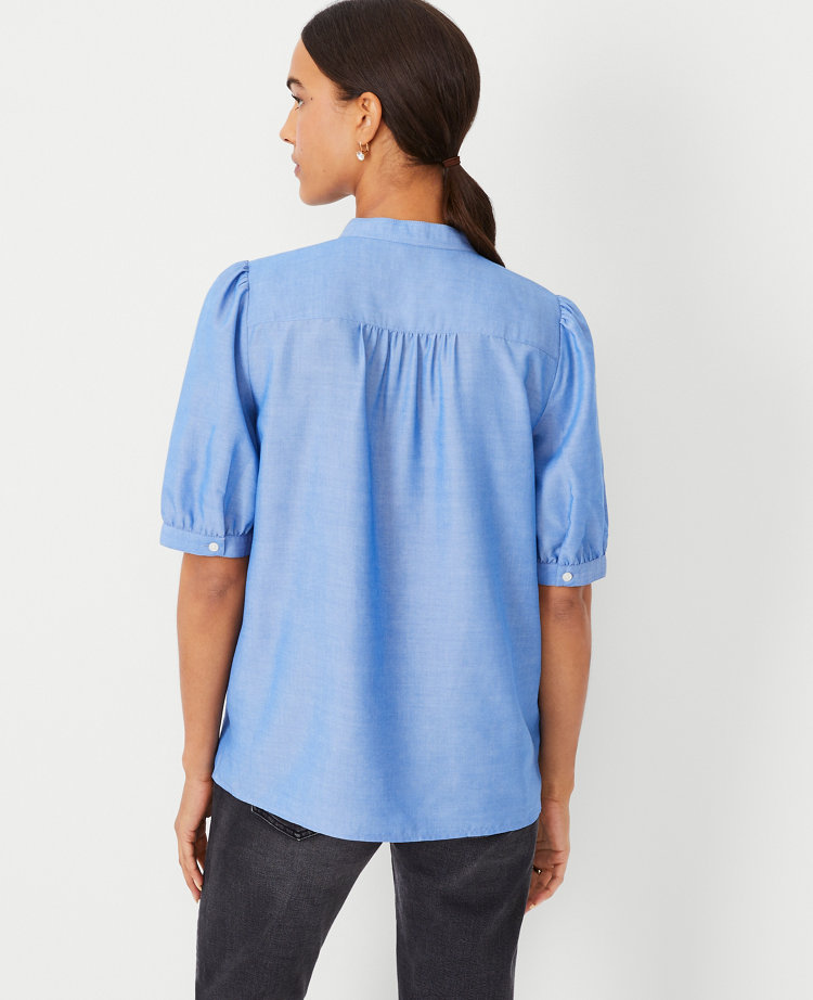 Chambray Puff Sleeve Split Neck Top