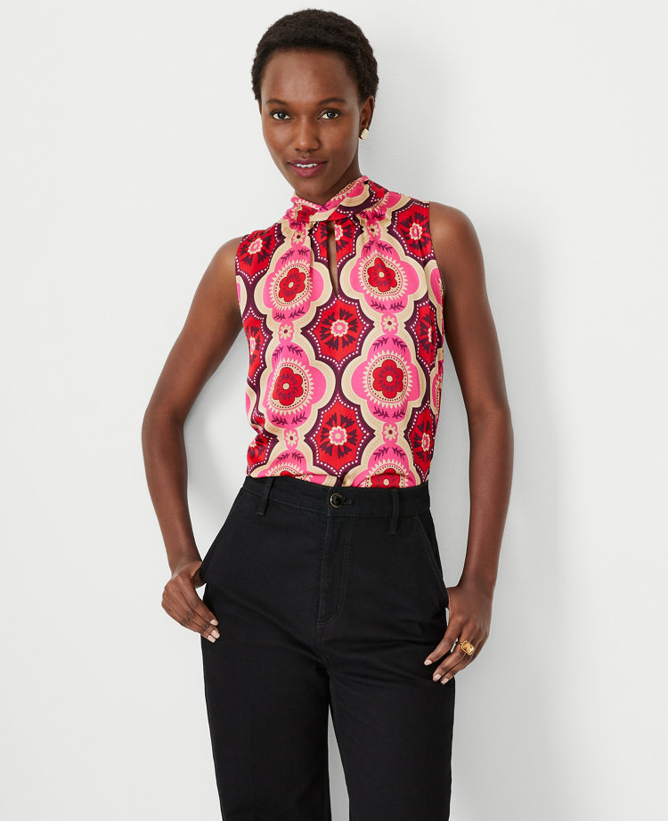 Geo Mixed Media Tie Mock Neck Shell