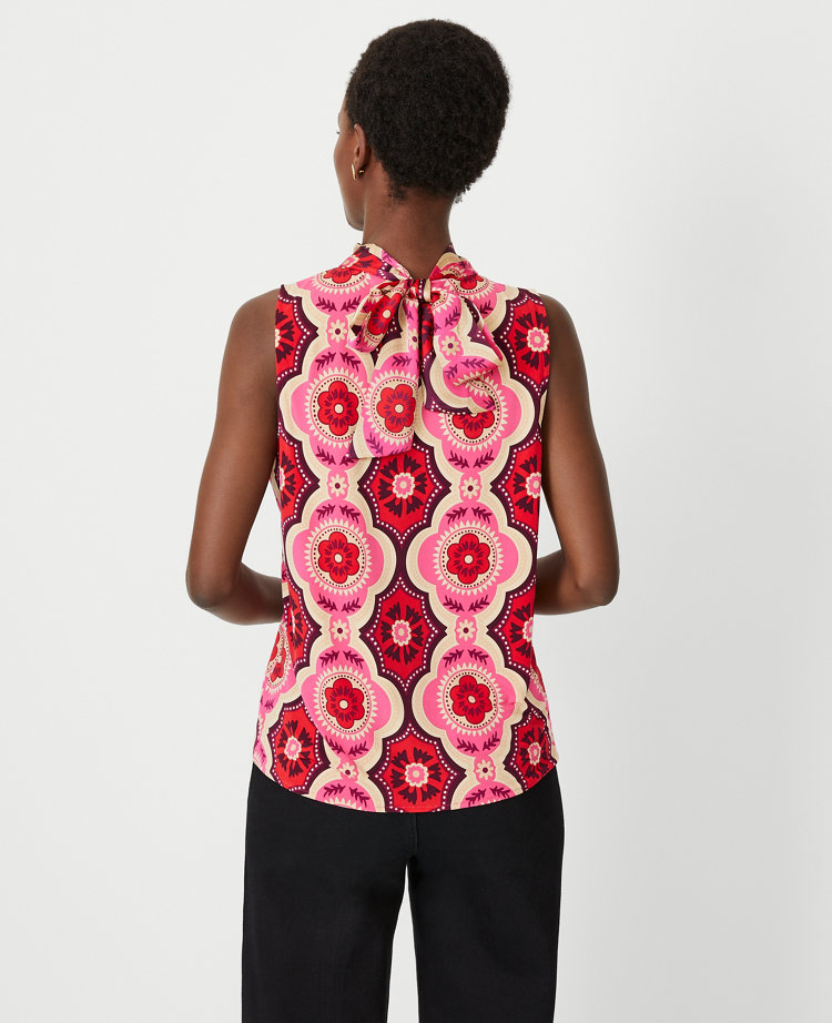 Geo Mixed Media Tie Mock Neck Shell