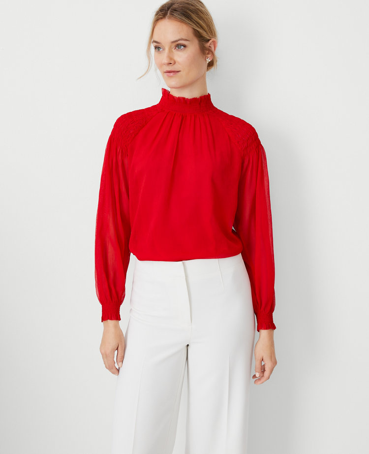 Petite Smocked Mock Neck Popover