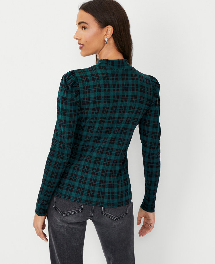 Plaid Puff Shoulder Mock Neck Top
