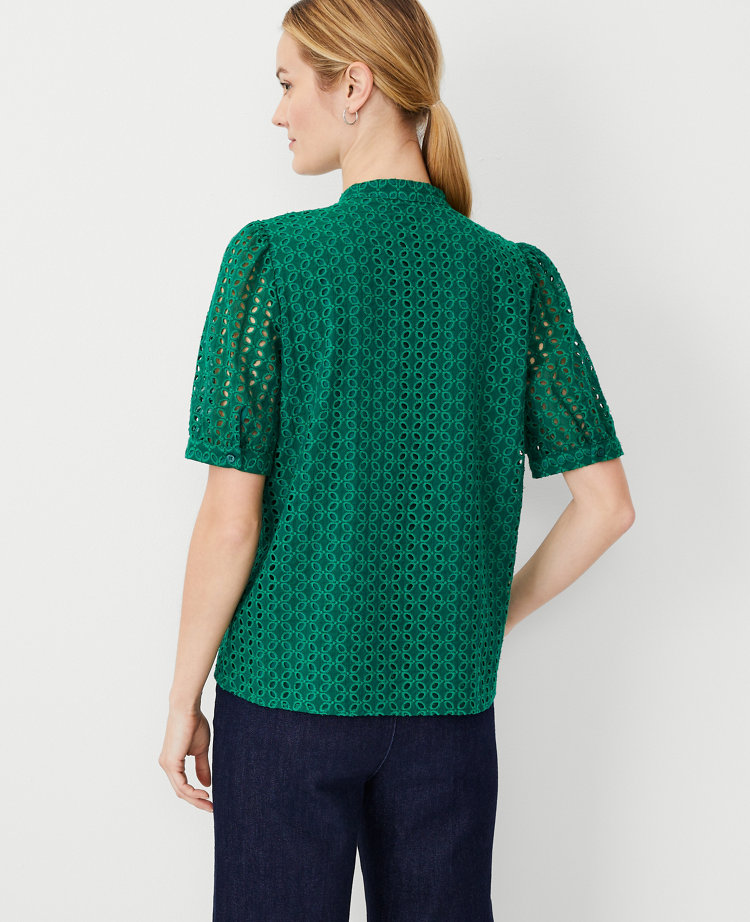 Eyelet Puff Sleeve Split Neck Top