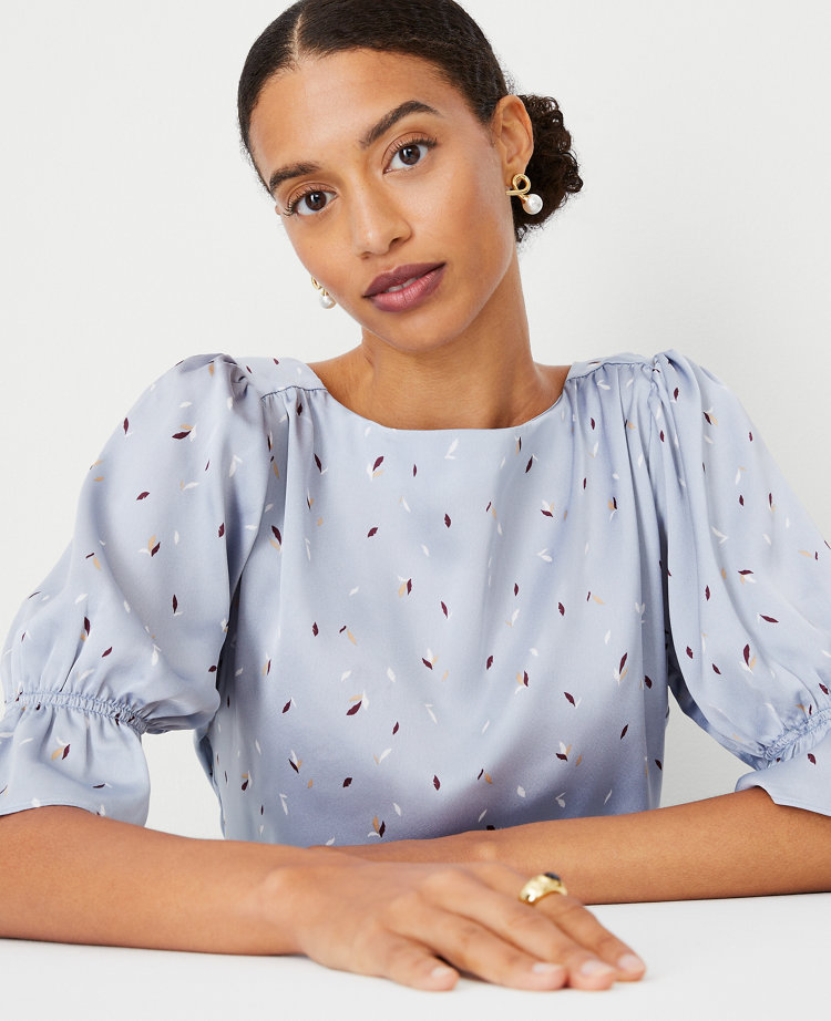 Leafed Ruffle Mixed Media Puff Sleeve Top