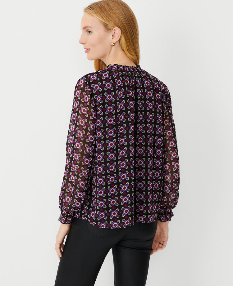 Geo Ruffle Split Neck Top