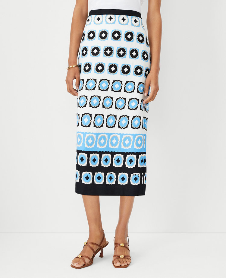 Geo Border Linen Blend Midi Column Skirt