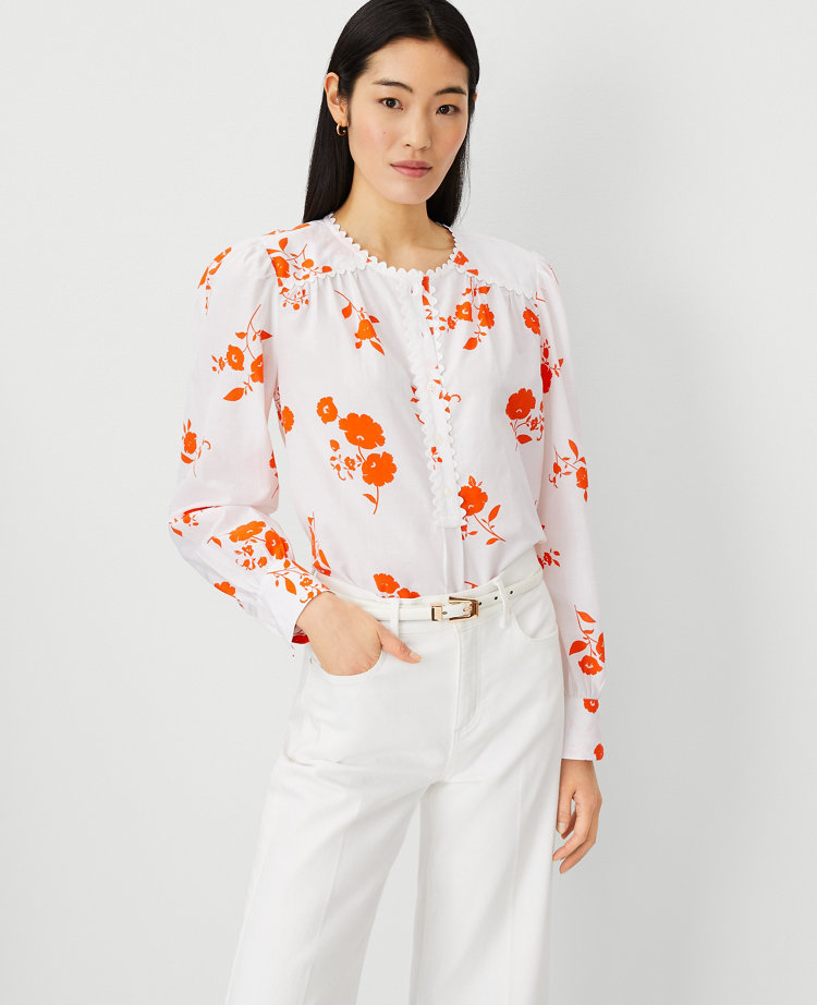 Ric Rac Trim Floral Cotton Blend Popover