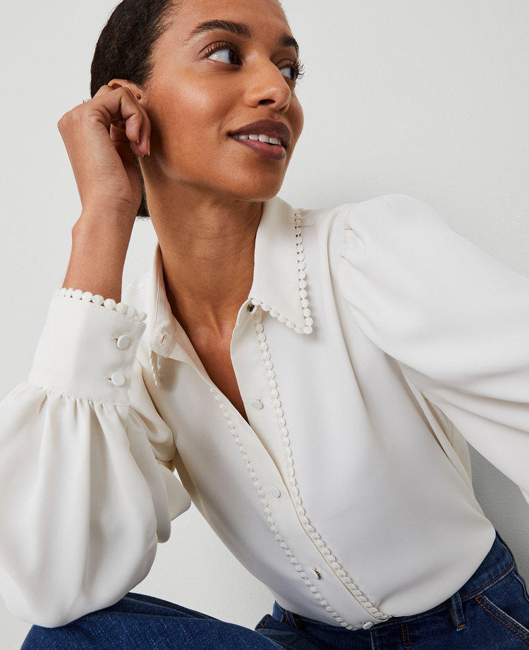 Bobble Trim Collared Puff Sleeve Shirt