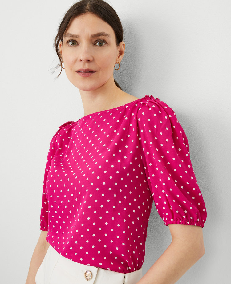 Dotted Mixed Media Puff Sleeve Top