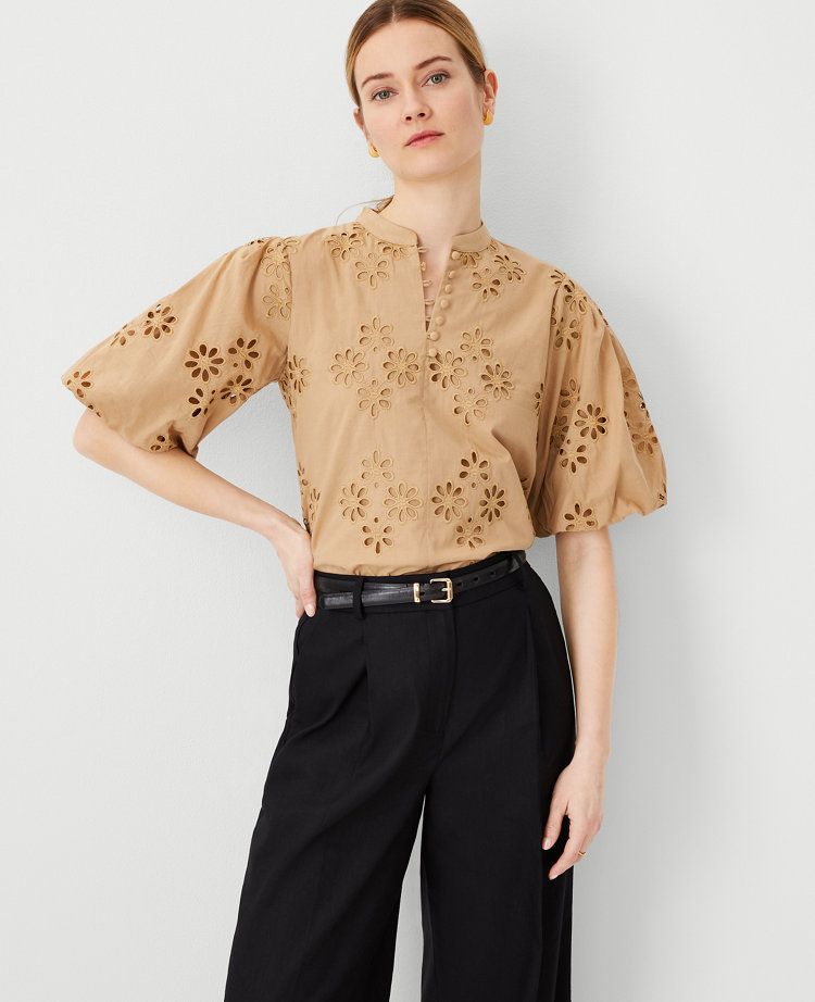 Cotton Eyelet Pleated Sleeve Popover