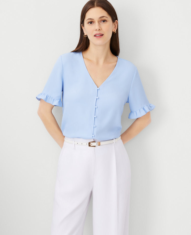 Mixed Media Ruffle Sleeve V Neck Top