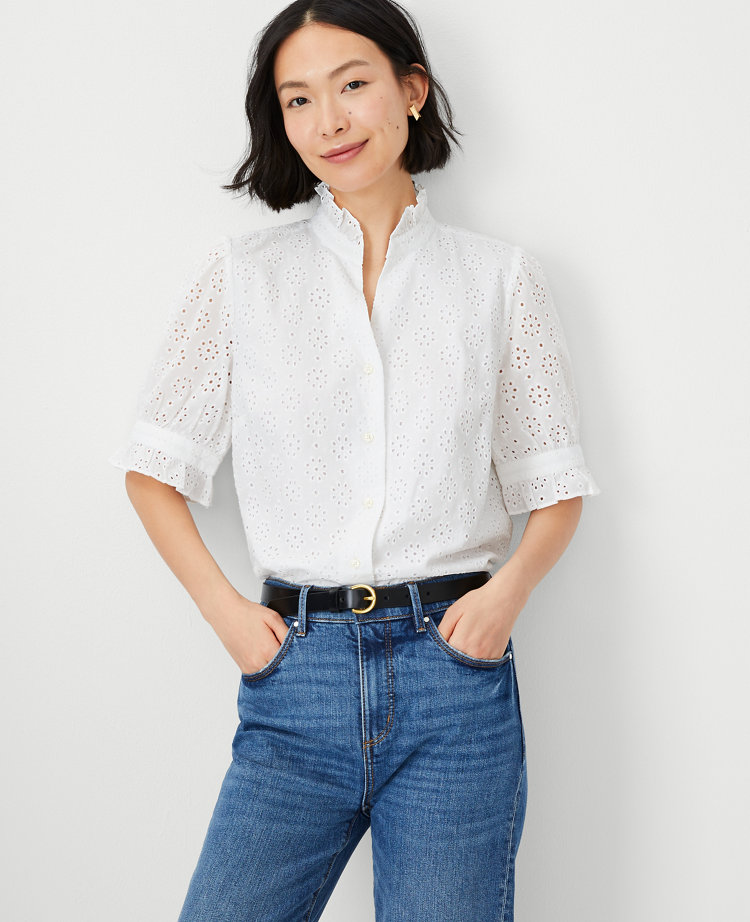 Cotton Eyelet Ruffle Button Top