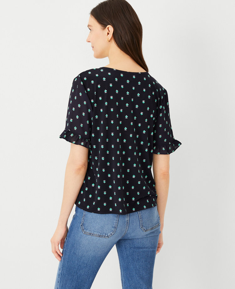 Mixed Media Ruffle Sleeve V Neck Top