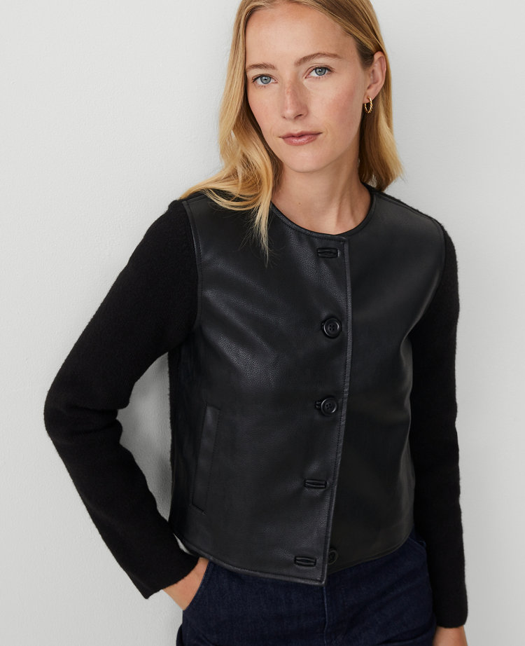 Faux Leather Mix Sweater Jacket