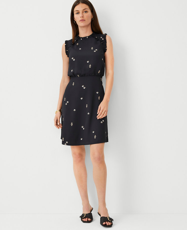 Floral Ruffle Neck Flare Dress