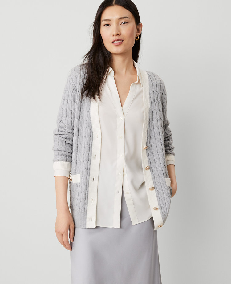Petite Cable Contrast Trim Boyfriend Cardigan