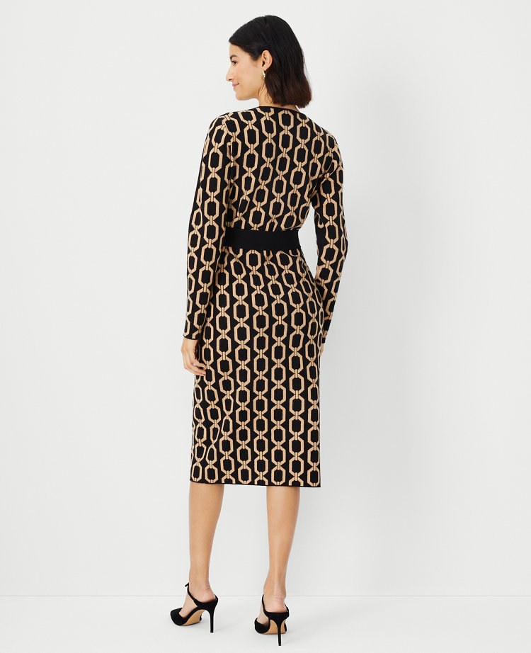 Link Jacquard Belted Sheath Sweater Dress