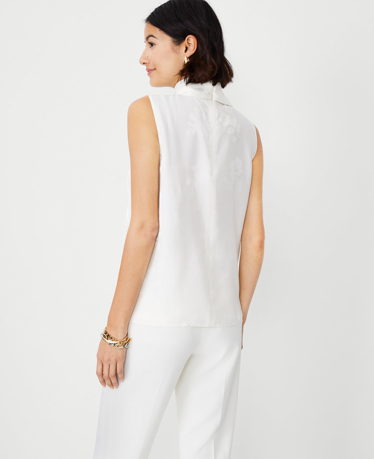 Floral Jacquard Shoulder Button Tie Mock Neck Shell