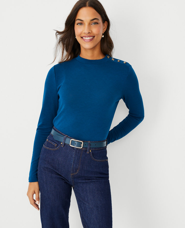 Shoulder Button Mock Neck Top