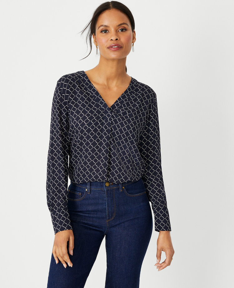 Geo Mixed Media Pleat Front Top