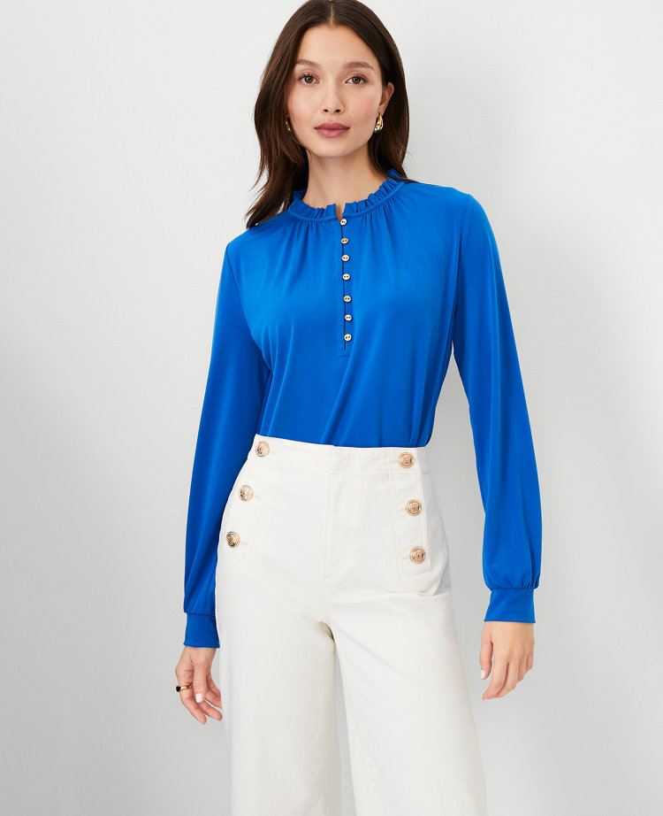 Ruffle Neck Button Top