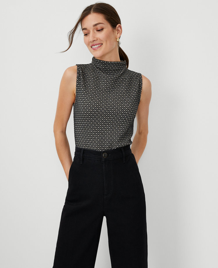 Metallic Geo Jacquard Sleeveless Mock Neck Top