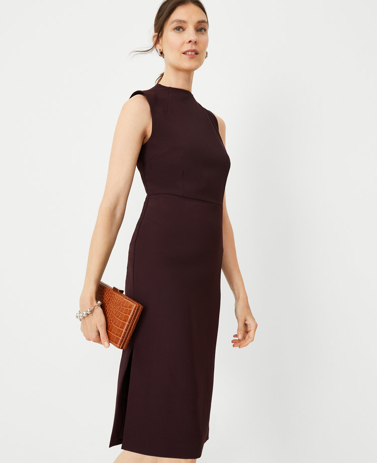 The Mock Neck Side Slit Sheath Dress in Fluid Crepe