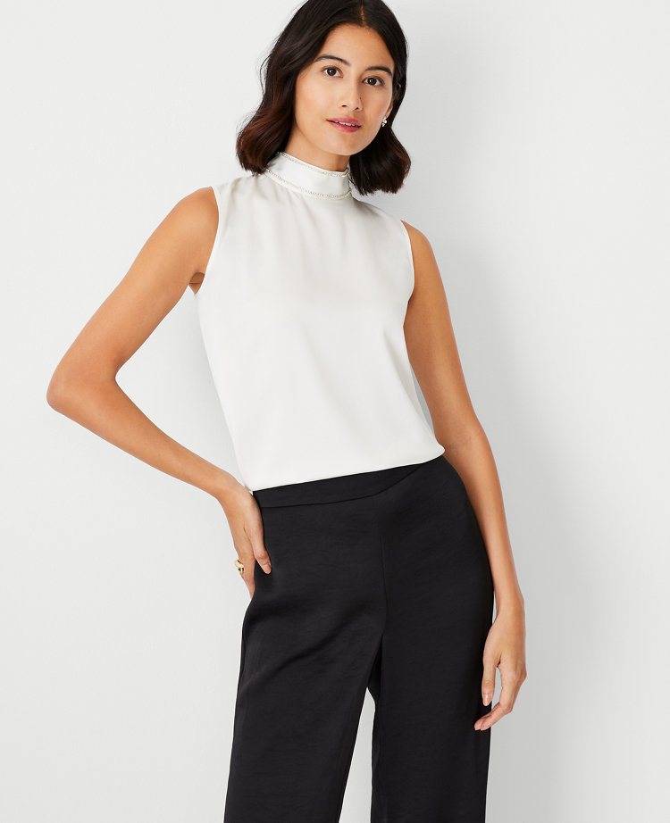 Crystal Trim Mock Neck Shell