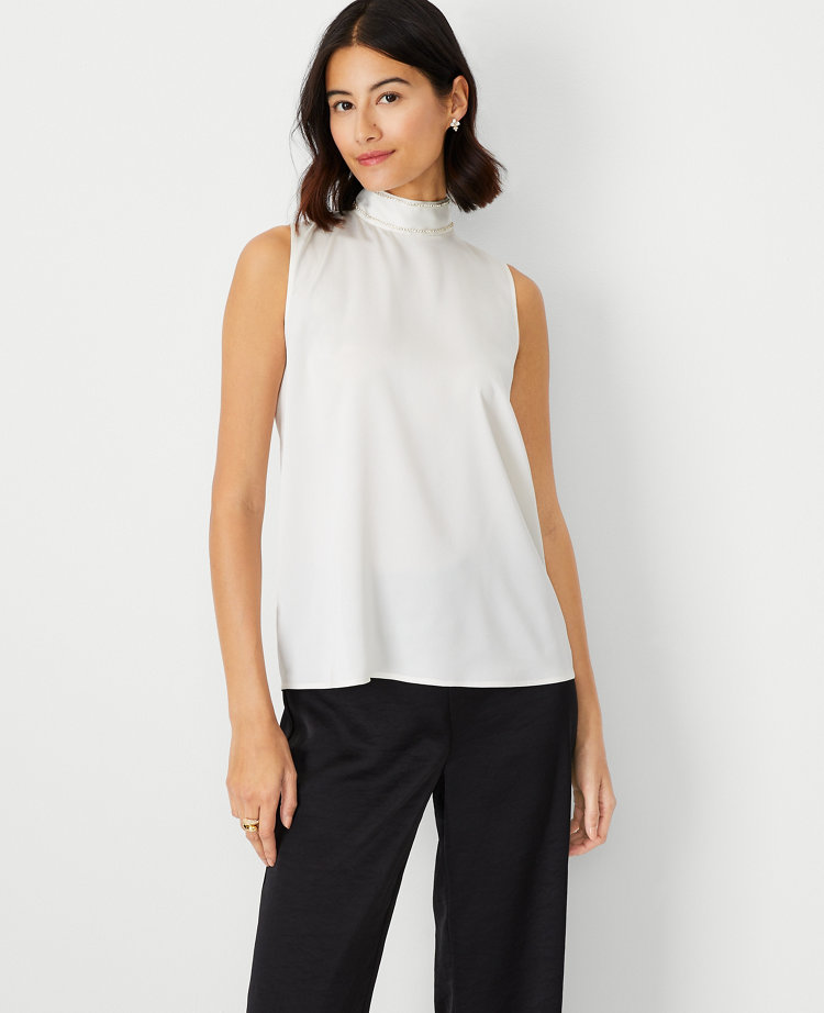 Crystal Trim Mock Neck Shell