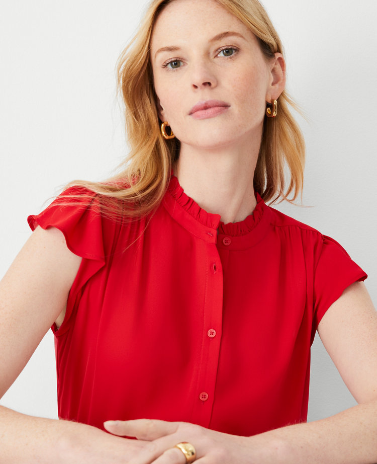 Mixed Media Flutter Sleeve Button Front Top