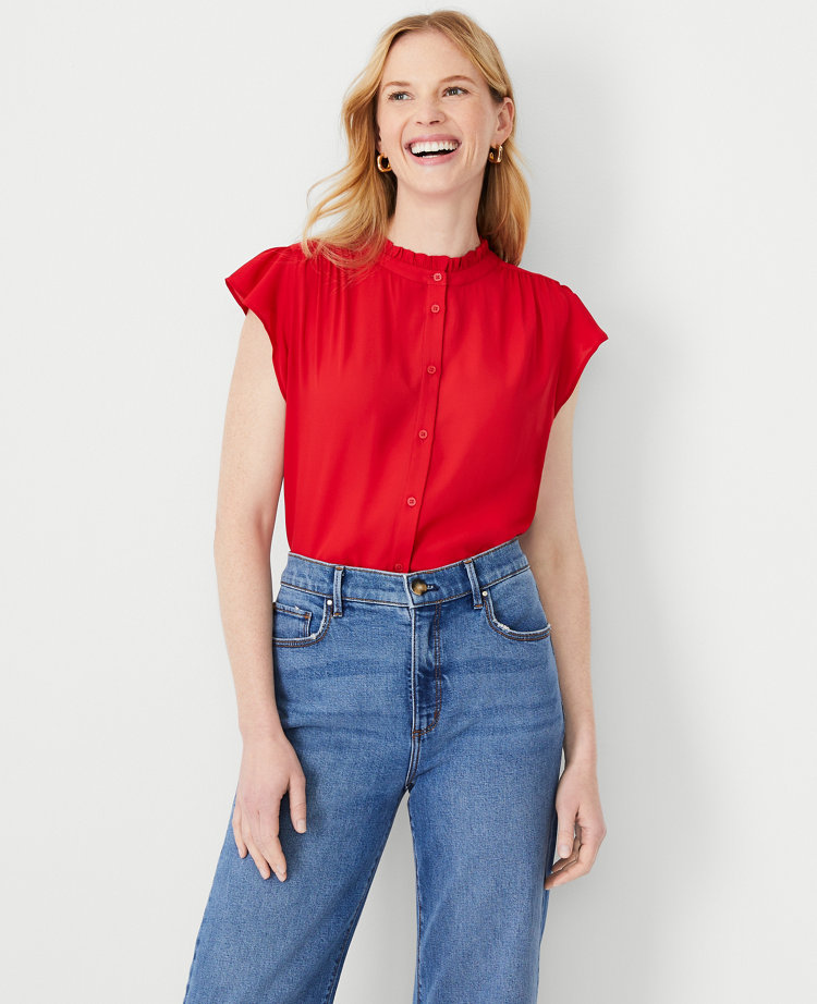 Mixed Media Flutter Sleeve Button Front Top