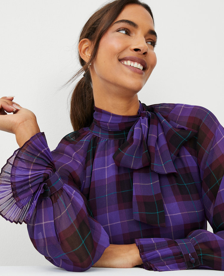 Plaid Raglan Bow Pleated Cuff Top