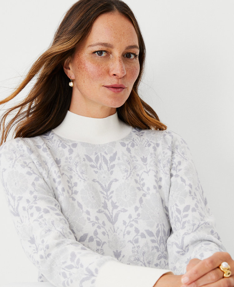 Floral Jacquard Puff Sleeve Sweater